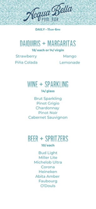 Acqua Bella Pool Bar Menu - Hotel Monteleone