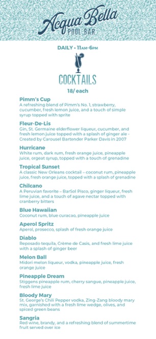 Acqua Bella Pool Bar Menu - Hotel Monteleone